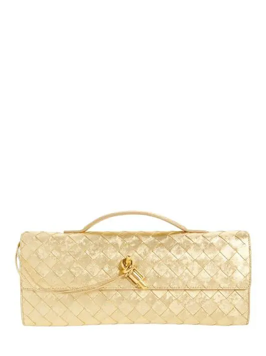 Bottega Veneta Andiamo Intrecciato Satin Clutch - 8472 Gold/gold