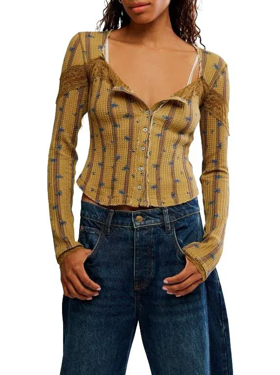 Free People Floral Lace Trim Waffle Knit Button-up Top - Beehive Combo