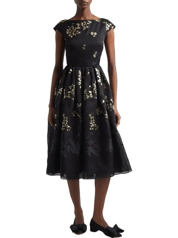 Erdem Floral Brocade Cap-sleeve Midi Dress - Black