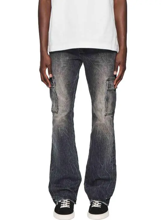 PURPLE BRAND Tinted Worn Flare Cargo Jeans - Black