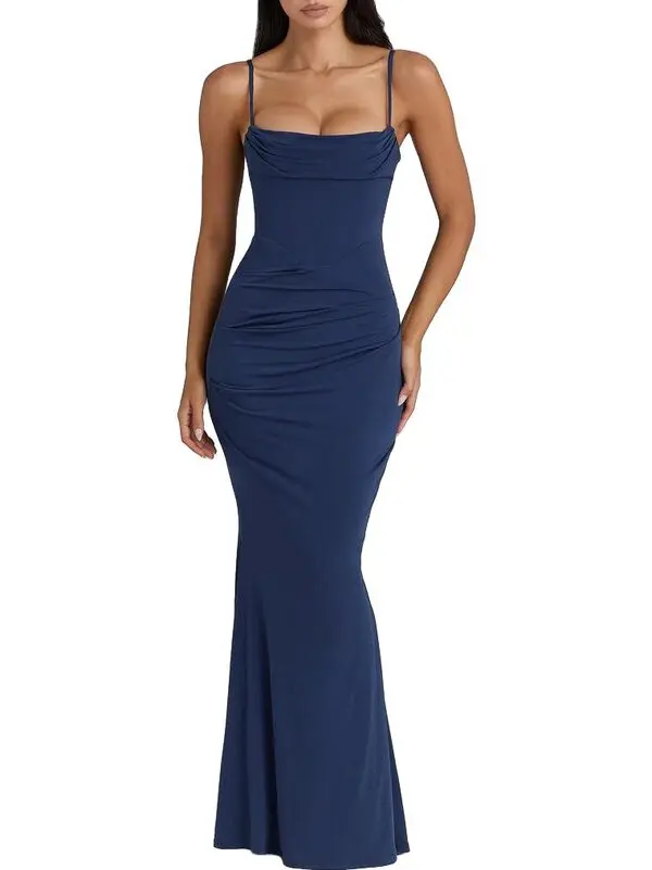 House Of Cb Milena Corset Trumpet Gown - Navy