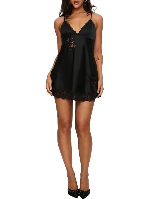 Princess Polly Aloura Spliced Satin & Lace Mini Slipdress - Black