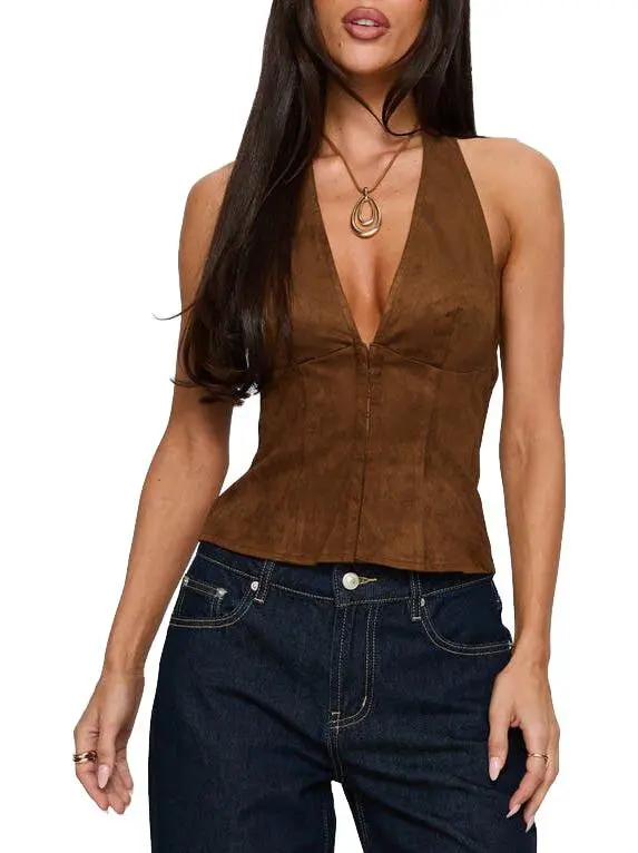 Princess Polly Dalyah Faux Suede Corset Halter Top - Brown