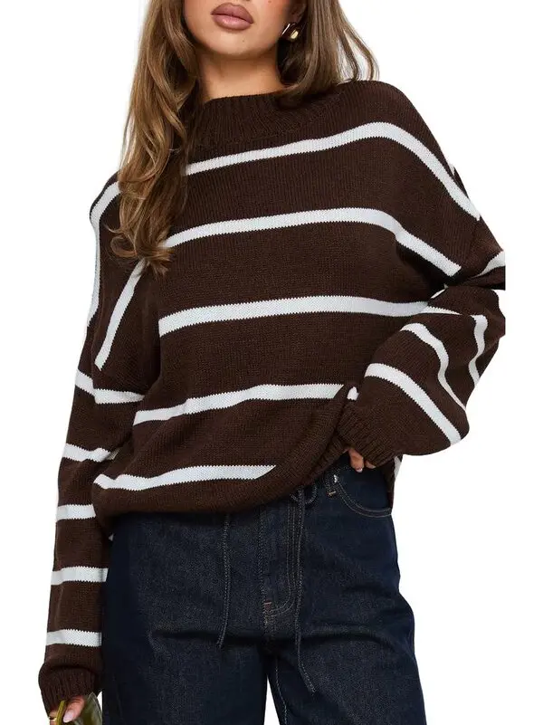 Princess Polly Alara Stripe Mock Neck Sweater - Brown Stripe