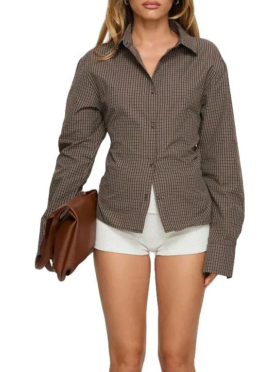 Princess Polly Xinia Check Button-up Blouse With Back Tie - Brown Check