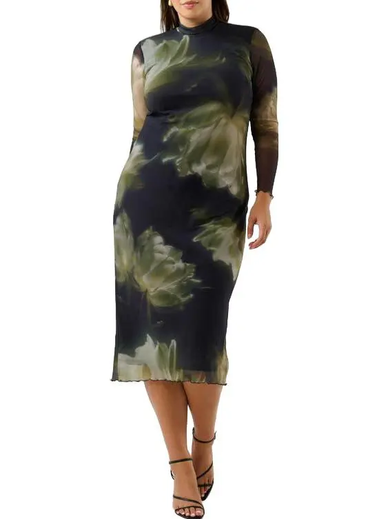 ESTELLE Floral Print Mesh Midi Dress - Black/moss
