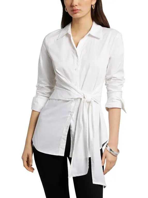 OPEN EDIT Waist Tie Cotton Poplin Button-up Shirt - White