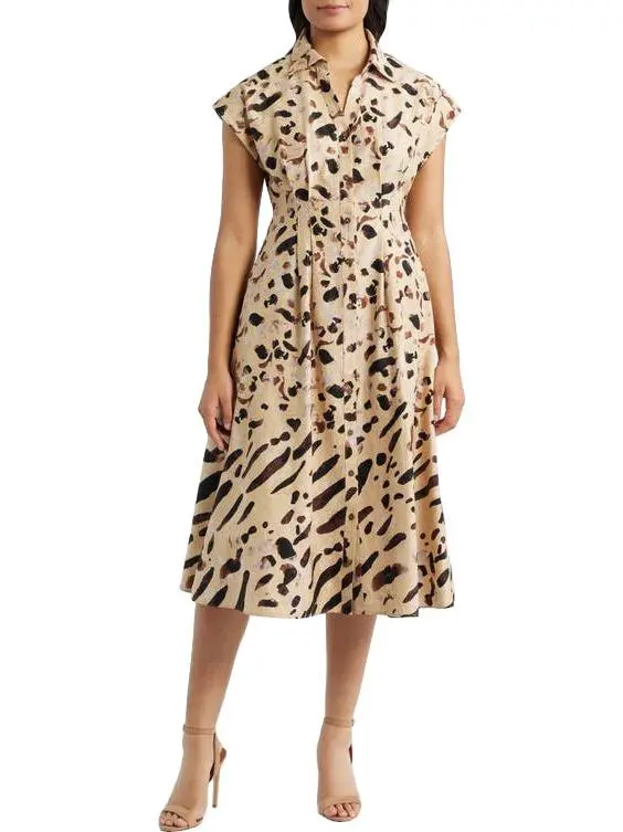 Julia Jordan Abstract Animal Print Stretch Cotton Midi Shirtdress - Brown Multi