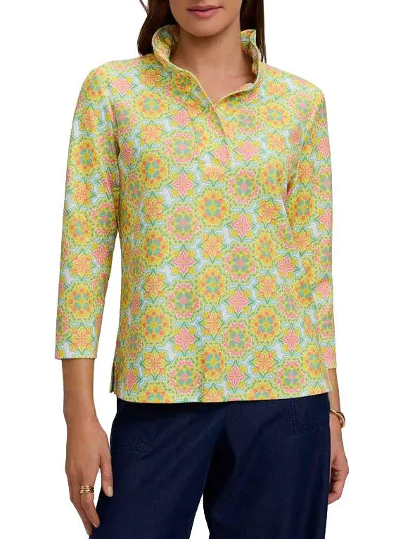 Foxcroft Tile Print Ruffle Collar Top - Multi