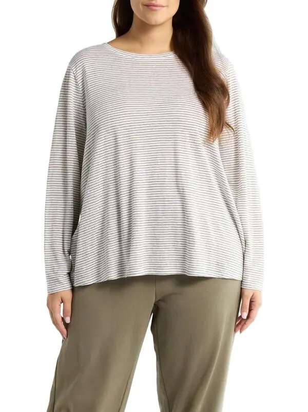 Eileen Fisher Stripe Long-sleeve Organic Linen T-shirt - Bay Leaf