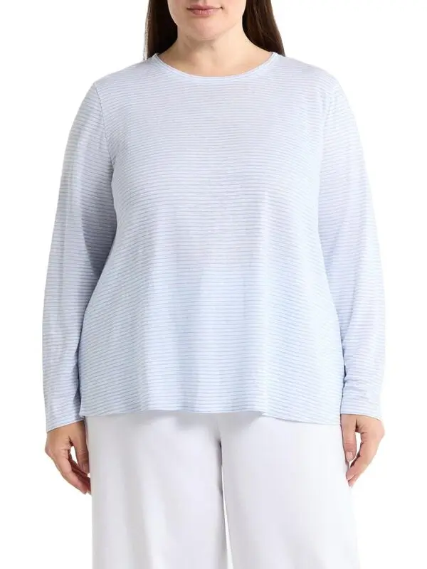 Eileen Fisher Stripe Long-sleeve Organic Linen T-shirt - Skylight