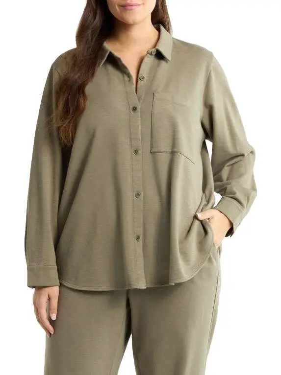 Eileen Fisher Organic Cotton Terry Button-up Shirt - Bay Leaf