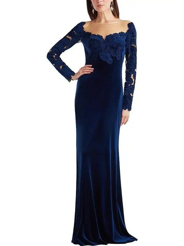 Tadashi Shoji Rhyne Embroidered Velvet Gown - Navy
