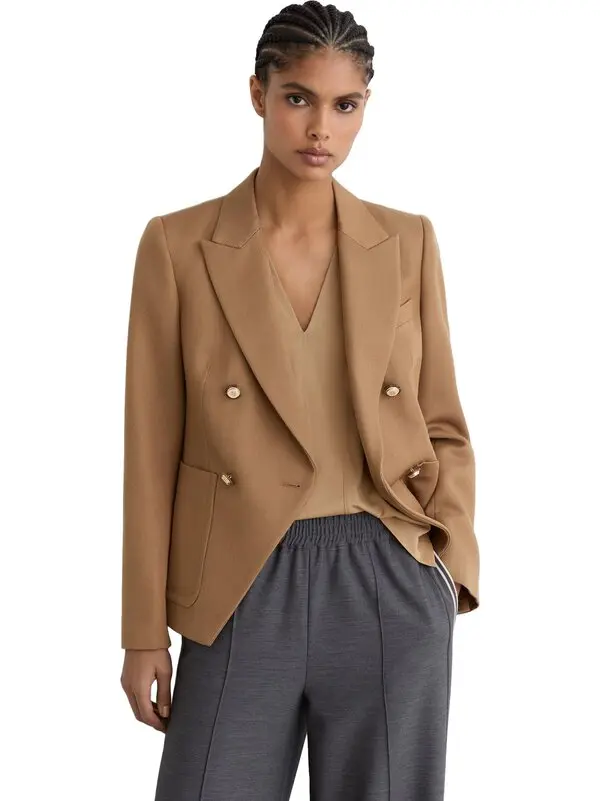 REISS Gigi Wool-blend Double-breasted Blazer - Camel