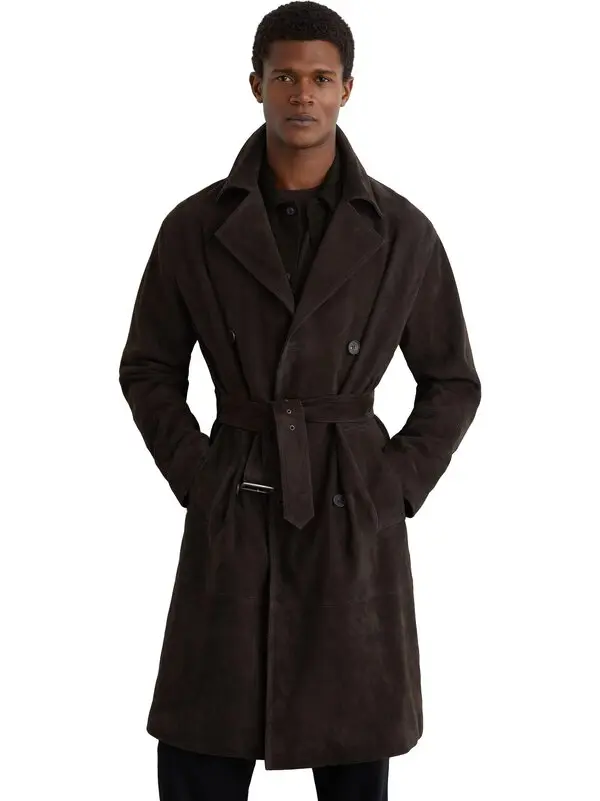 REISS Marais Suede Double-breasted Trench Coat - Chocolate Brown