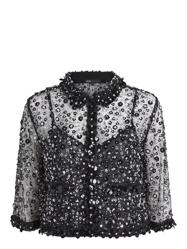 Maje Sheer Rhinestone Polo Top - Black