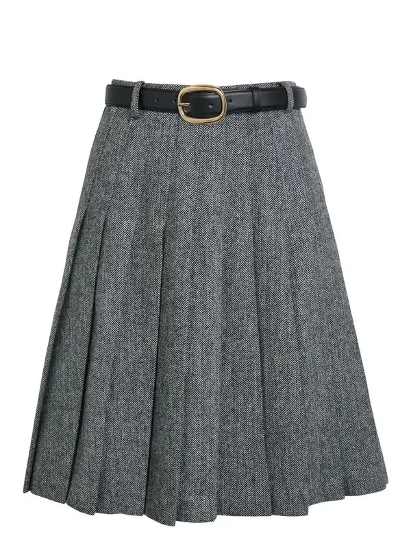 SELF-PORTRAIT Herringbone Pleated Wool-blend Mini Skirt - Grey