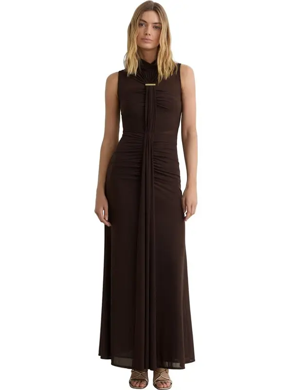 REISS Colette Ruched Sleeveless Maxi Dress - Chocolate Brown