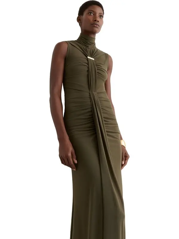 REISS Colette Petite Ruched Sleeveless Maxi Dress - Khaki Green