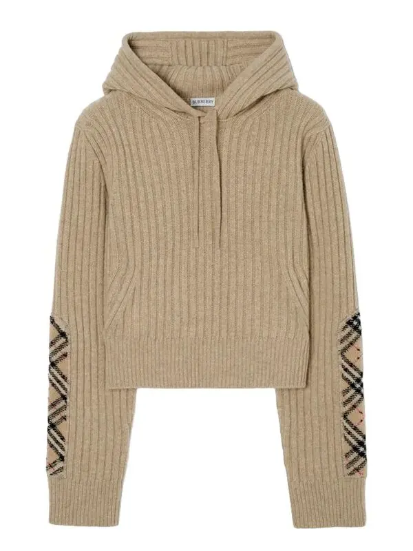 Burberry Check Patch Wool Cashmere Hoodie - Light Brown Melange