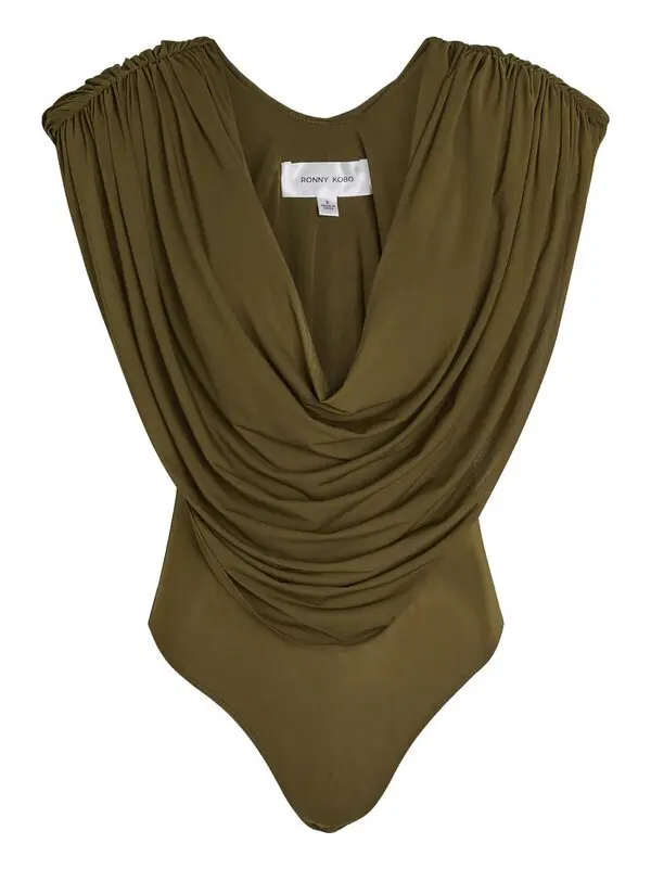Ronny Kobo Draped Cowl-neck Stretch-mesh Bodysuit - Green
