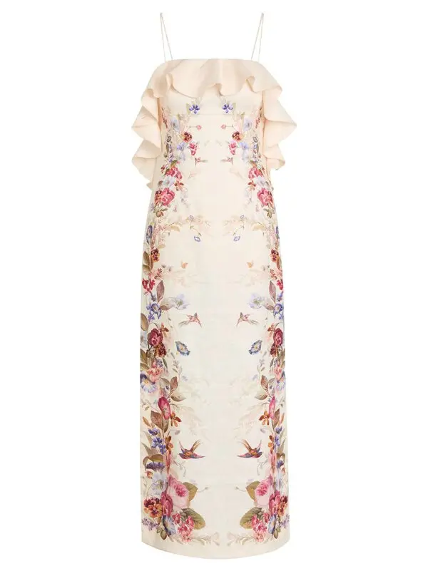 Zimmermann Floral Linen Midi Dress - Cream