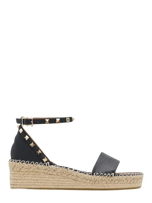 Valentino Garavani Rockstud Leather Flatform Espadrille Sandals - Nero