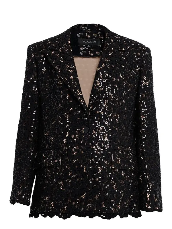 TOCCIN Willa Sequined Lace Boyfriend Blazer - Jet