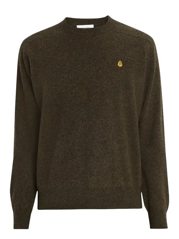 Alexander McQueen Embroidered Skull Wool Crewneck Sweater - Olive/hone