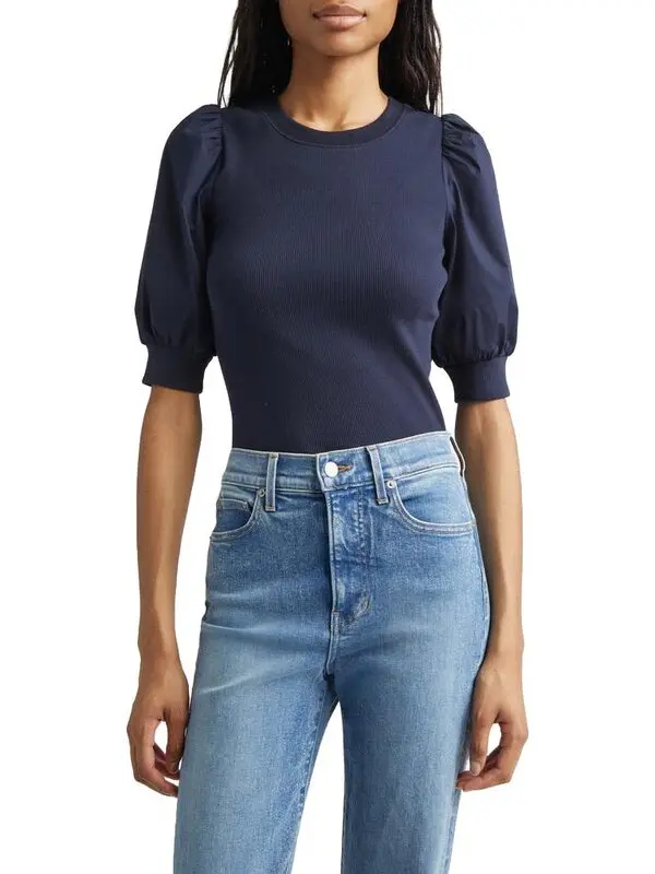 Veronica Beard Coralee Mixed Media Puff Sleeve Top - Navy