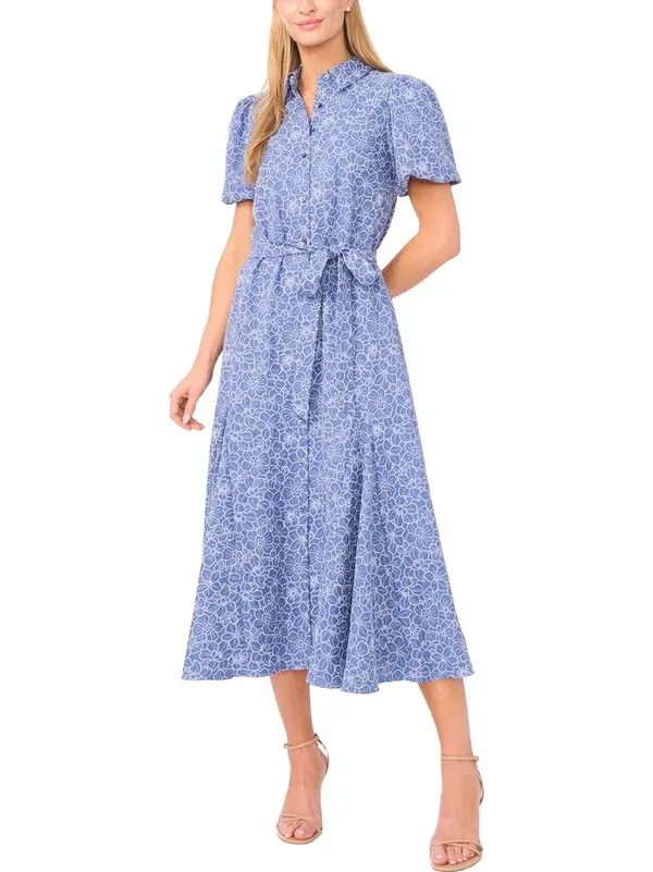 CECE DUPRAZ Embroidered Floral Chambray Midi Shirtdress - Classic Navy