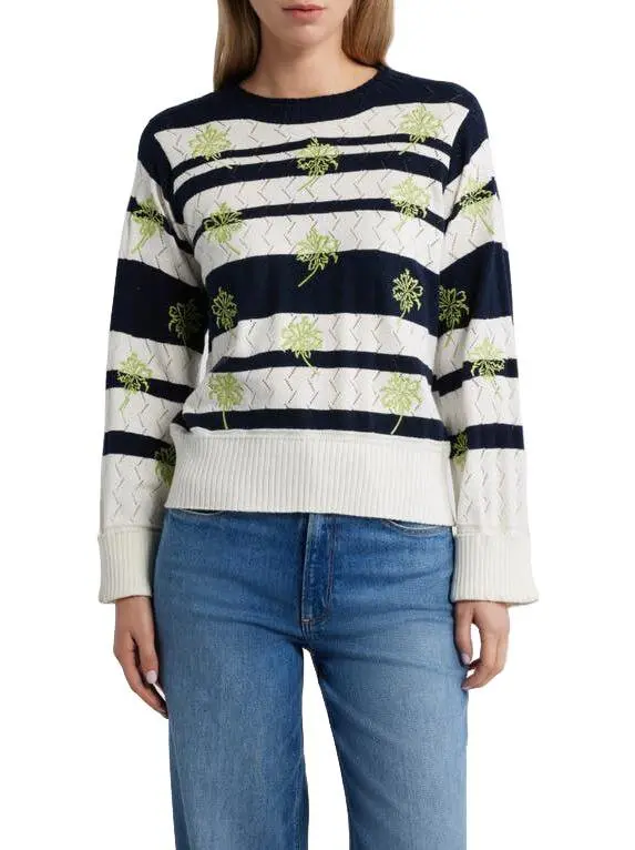 Wit & Wisdom Embroidered Stripe Pointelle Sweater - Off White/navy Multi