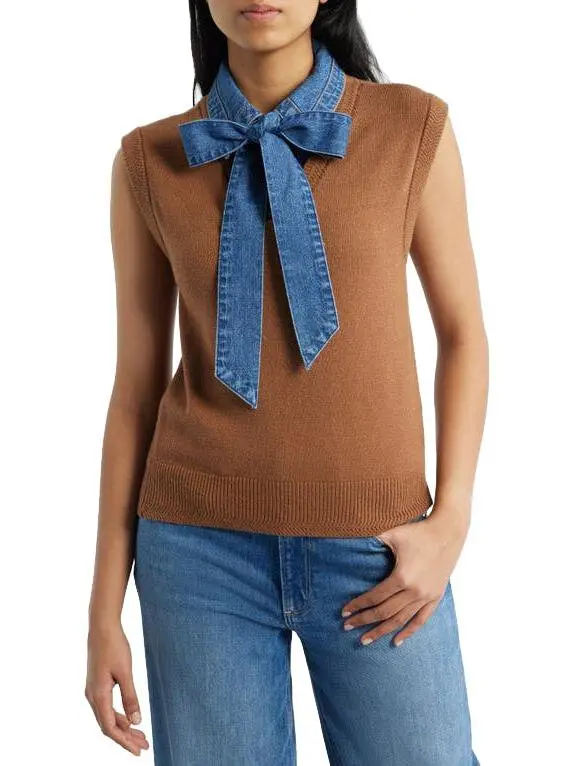 Wit & Wisdom Mixed Media Sleeveless Sweater With Removable Bow - Sahara Sand/blue