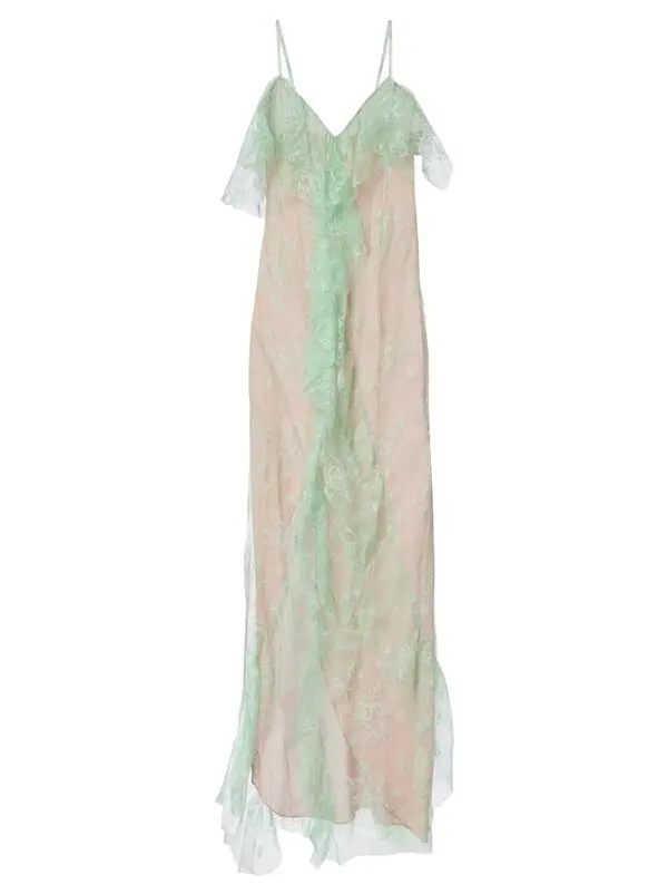 Blumarine Ruffled Sheer Lace Gown - Green