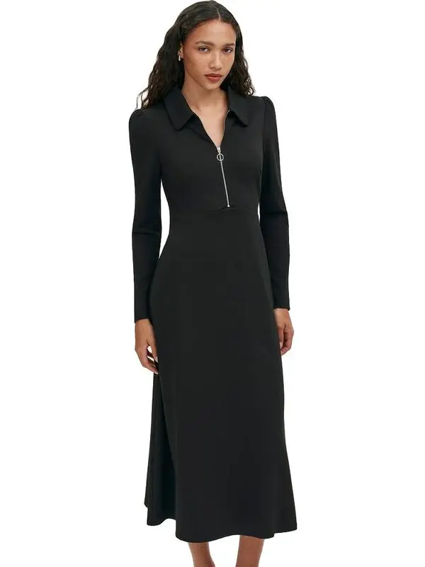 FINERY LONDON Elvira Ponte Jersey Zip Front Midi Dress - Black