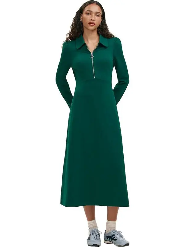 FINERY LONDON Elvira Ponte Jersey Zip Front Midi Dress - Bottle Green
