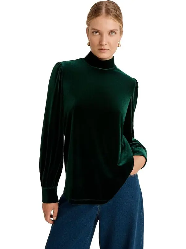FINERY LONDON Clementine Velvet High Neck Top - Bottle Green