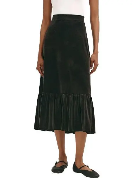 FINERY LONDON Joline Velvet Tiered Midi Skirt - Black