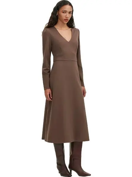 FINERY LONDON Seraphina Ponte Jersey V Neck Midi Dress - Mole