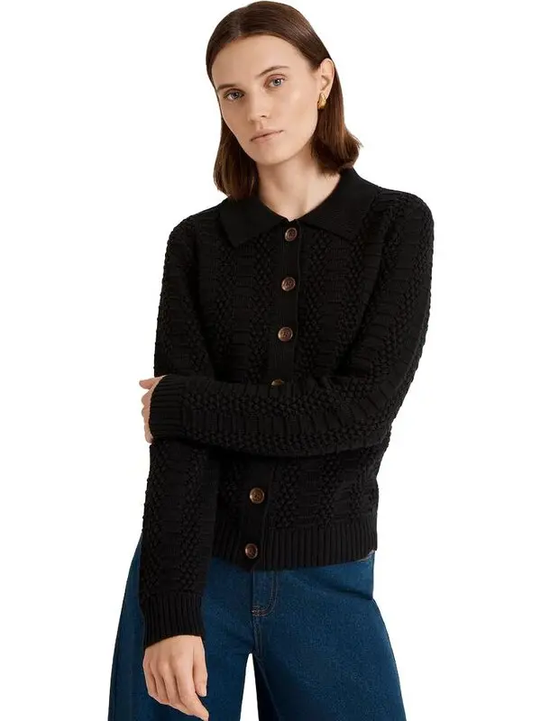 FINERY LONDON Emlyn Cotton Knitted Collared Cardigan - Black