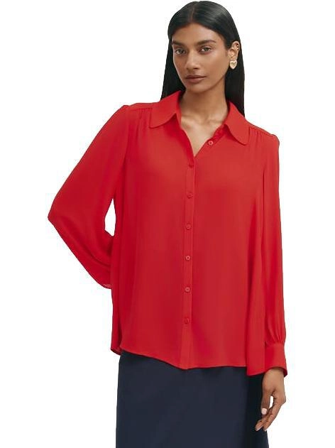 FINERY LONDON Melina Chiffon Button Down Blouse - Red