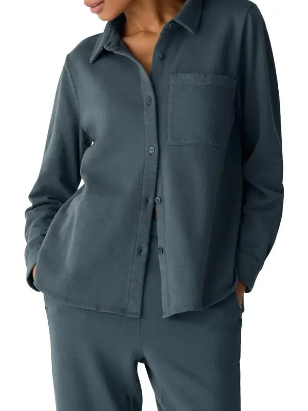 Eileen Fisher Classic Collar Organic Cotton French Terry Button-up Shirt - Eucalyptus