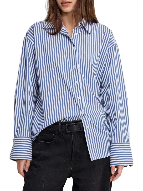 Good American Oversize Cotton Poplin Shirt - Indigo Stripe