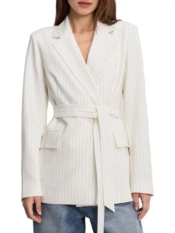 Good American Essential Belted Suit Blazer - Chestnut Pin Stripe