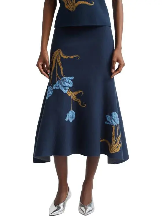 Erdem Floral Jacquard Trumpet Midi Skirt - Navy
