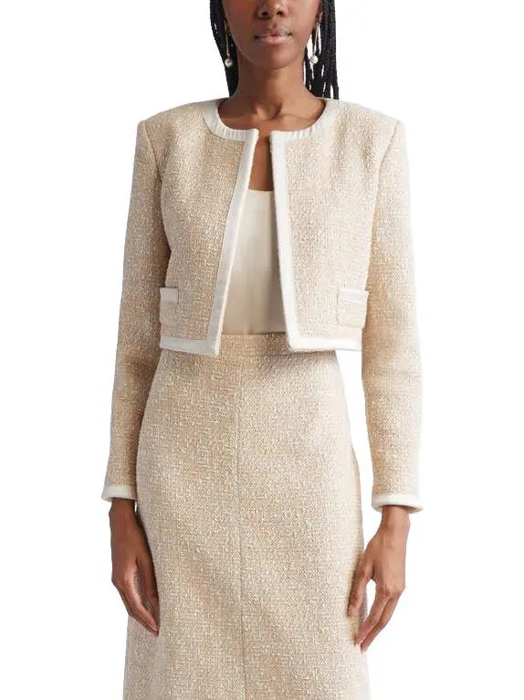 St. John Satin Trim Tweed Jacket - Latte Ecru Multi