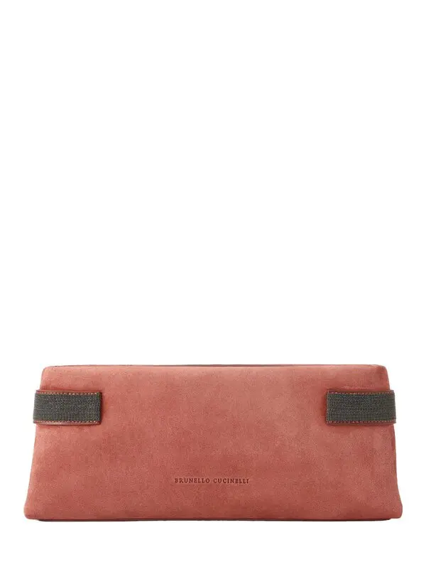 Brunello Cucinelli Essence Bead-embellished Leather-trimmed Suede Clutch - Red