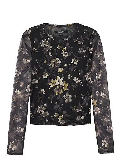 ALLSAINTS Floral-print Stretch-mesh T-shirt - Vine Black