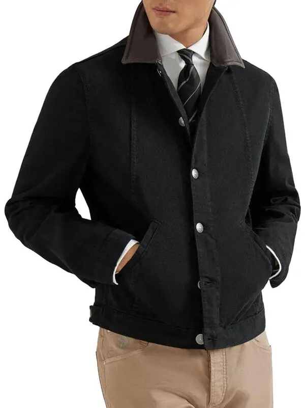 Brunello Cucinelli Garment-dyed Shirt Jacket With Leather Collar - Blac
