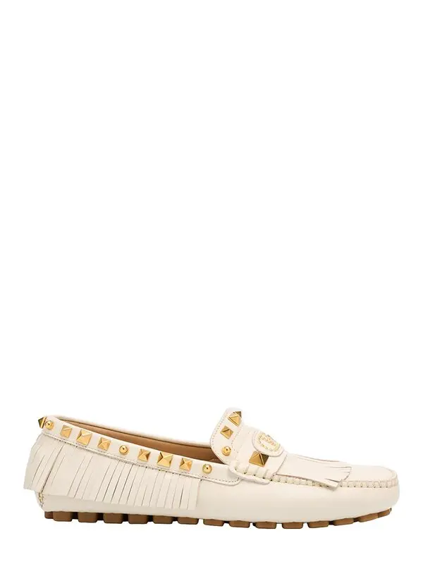 Valentino Garavani Rockstud Fringe Leather Driver Loafers - Ivory